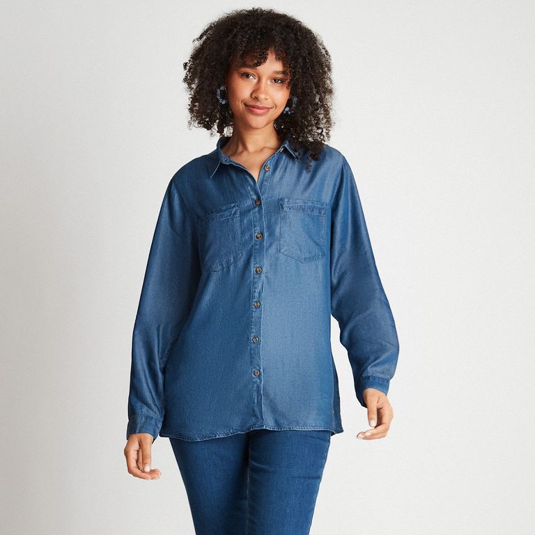 CURVI Blusa Mezclilla Bolsillos Basica Lyocell Mujer Curvi | falabella.com