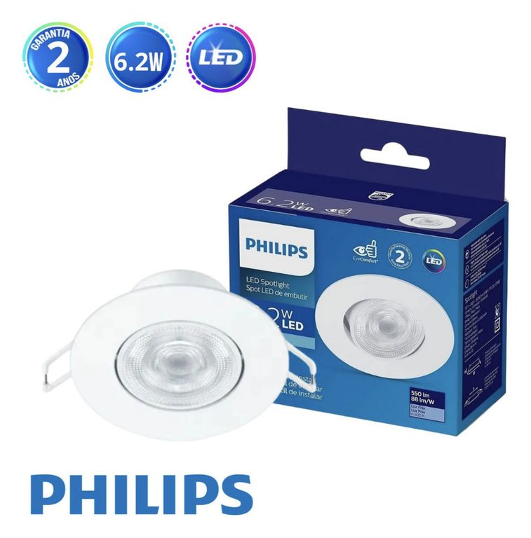PHILIPS Philips Foco Led Redondo Embutir 6.2 W 6500k 550lm Bivolt Luz ...