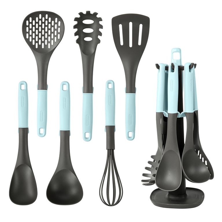DANNY HOME Set Utensilios de Cocina de Silicona Mango Azul con Soporte ...