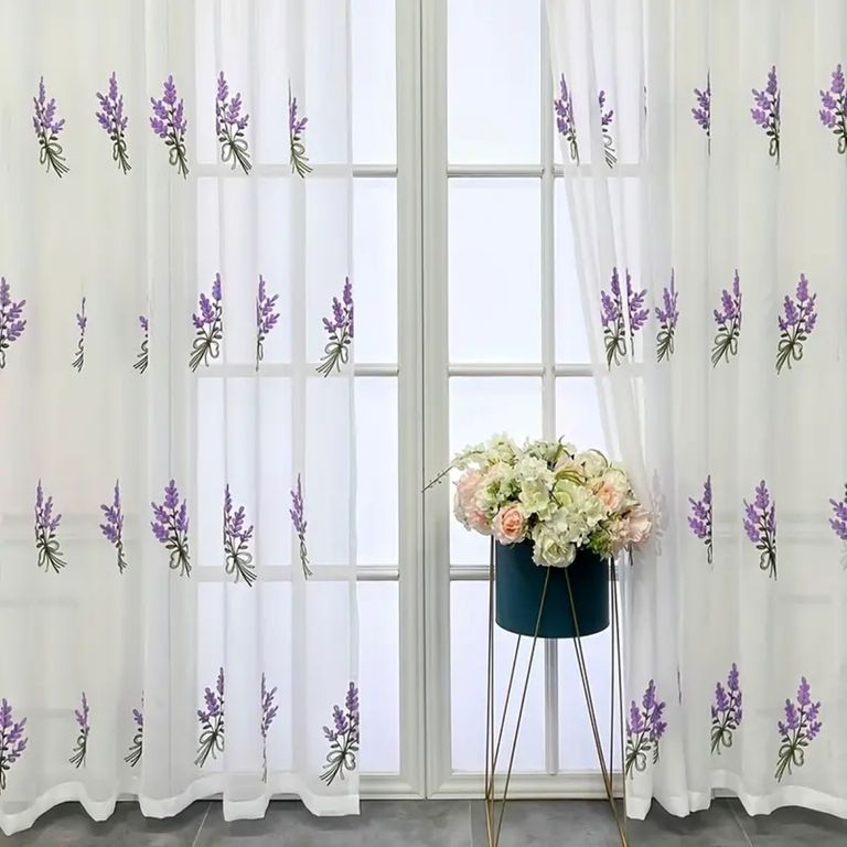 VISILLO TRASLUCIDA CON DISEÑO BORDADO LAVANDA LILA 2 PAÑOS 150X230 C/U ...
