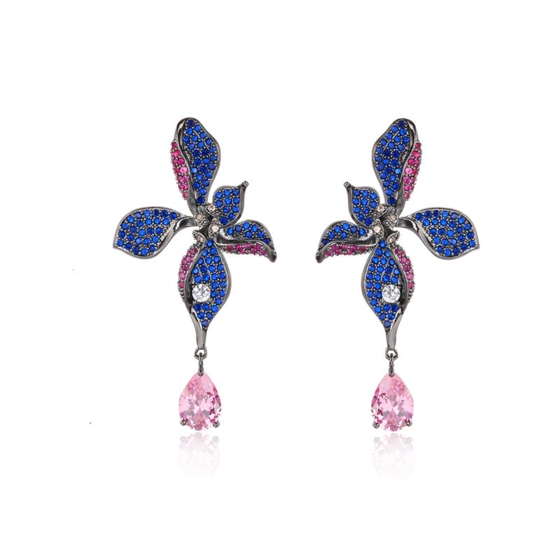 VANE COLLECTION Aros mujer pegado colgante fino flor baño rodio pavé ...