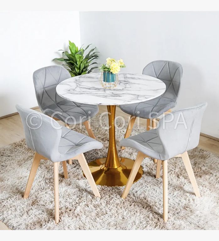 CORI CORI Comedor Mesa Tulip Gold 80 cms + 4 Sillas Mariposa Velvet Gris | falabella.com