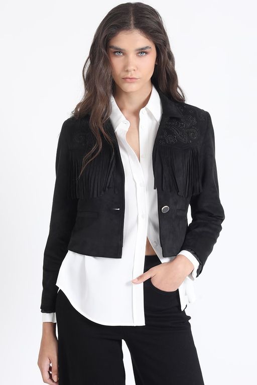 LIOLA Chaqueta Cropped Efecto Gamuza Flecos Negro Liola | falabella.com