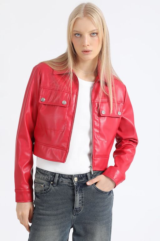 LIOLA Chaqueta Crop Recta Efecto Cuero, Rojo Liola | falabella.com