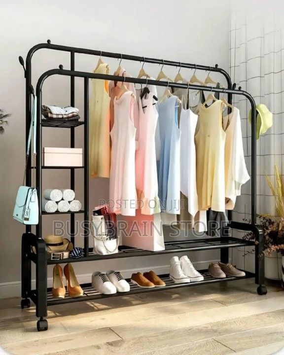 PERCHERO METALICO PARA ROPA COLOR NEGRO DOBLE BARRA CON ZAPATERA ...