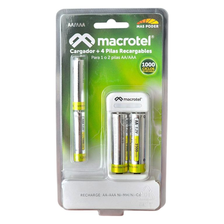 Cargador + 2 pilas AA + 2 Pilas AAA Recargables Macrotel | Sodimac Chile