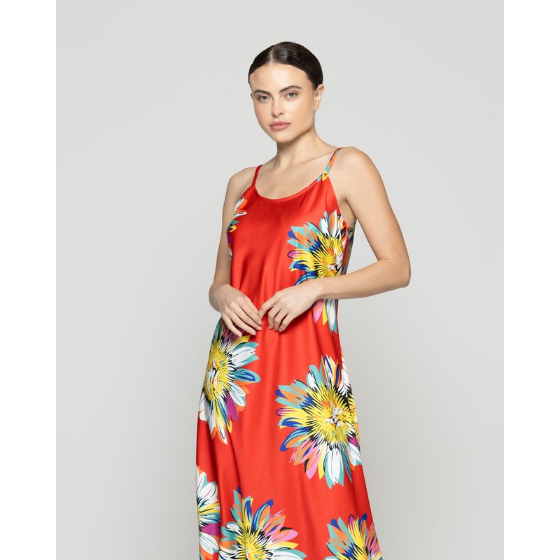 LINEATRE Vestido Mujer Vika De Tirantes Satinado Con Flores Rojo ...