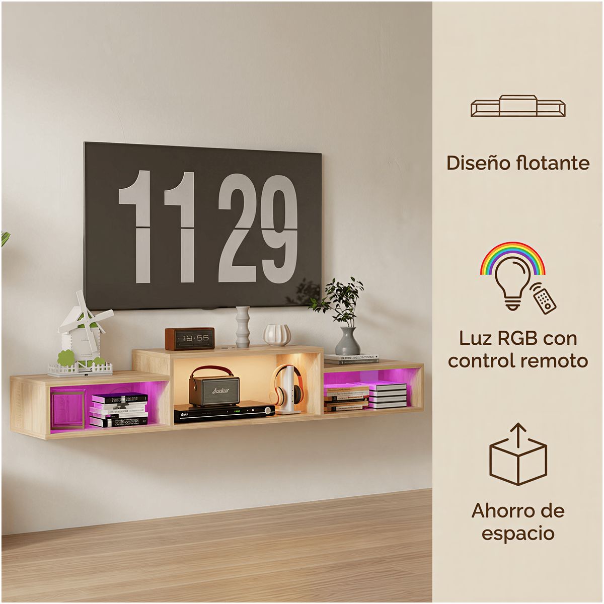 HOMER DESIGN Rack Tv flotante 150x28x16cm Con Luz Variable y enchufe ...