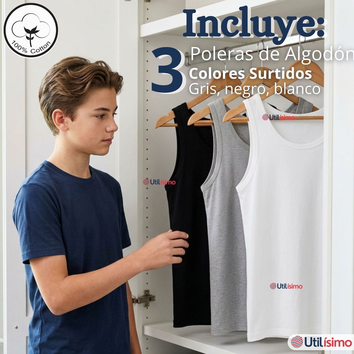 UTILISIMO Pack 3 Camisetas Poleras Algodón Primera Capa Basica Sin ...
