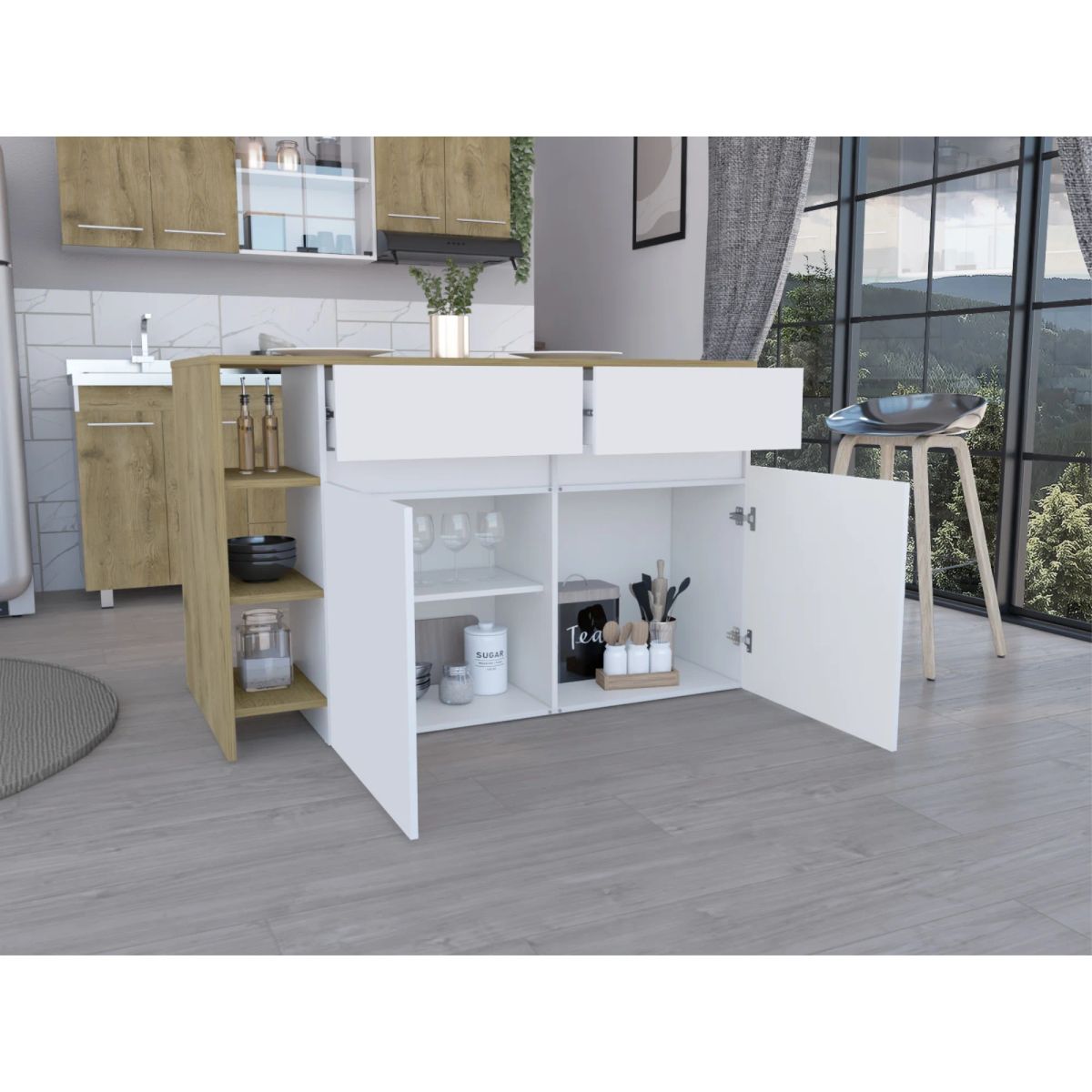 TUHOME Isla De Cocina 2 Puertas 2 Cajones Bari Blanco Y Macadamia 90 ...