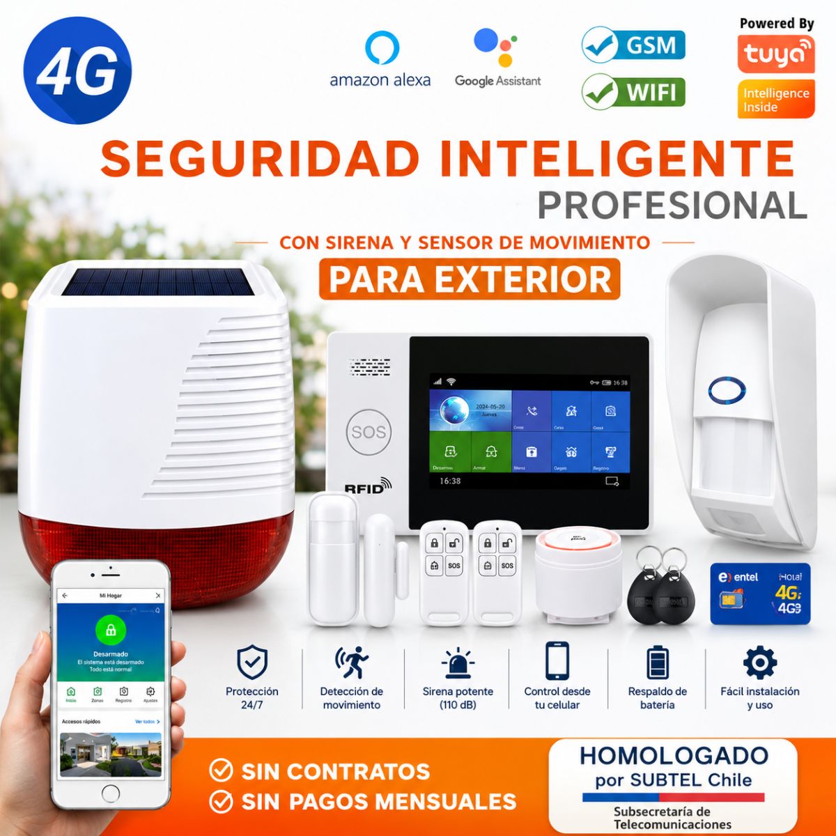 D MOTICA Kit Alarma Inteligente Wifi + GSM 4G, PANEL TOUCH Con Sirena y ...