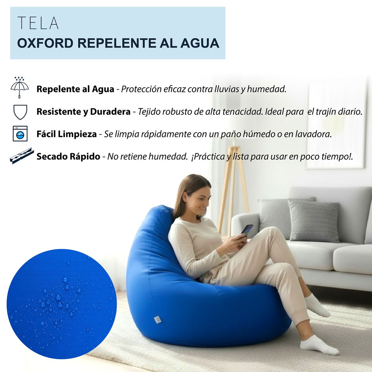 AMOLDA Puff Pera marca AMOLDA, tela IMPERMEABLE COLOR AZUL, relleno ...