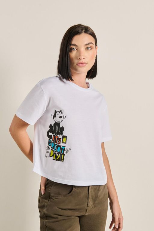 KOAJ Camiseta crop top crema clara con diseño de Félix el Gato MUJER ...