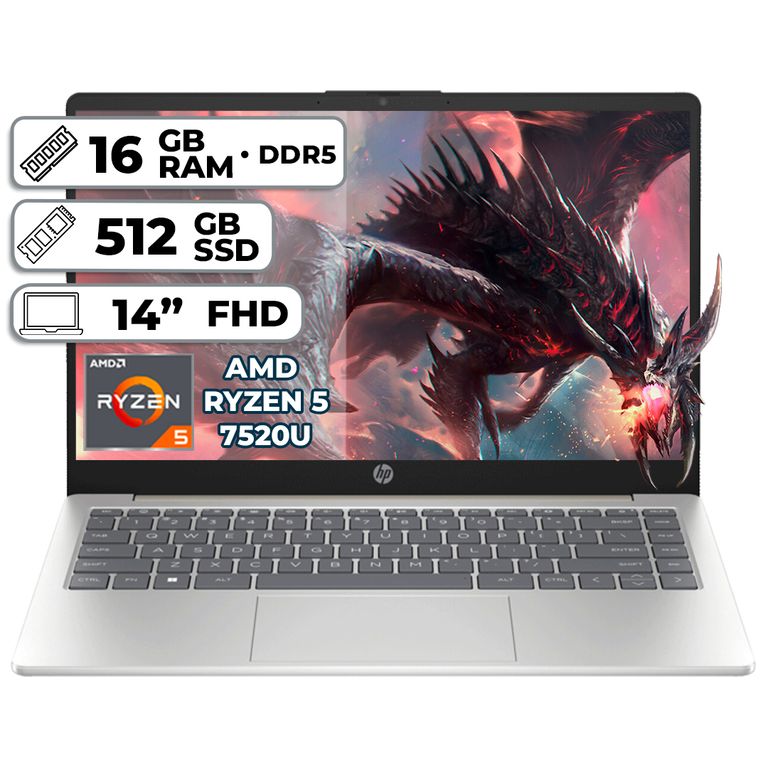 PORTATIL HP RYZEN 5 7520U 16GB RAM LPDDR5 512GB SSD 14" FHD SILVER HP ...