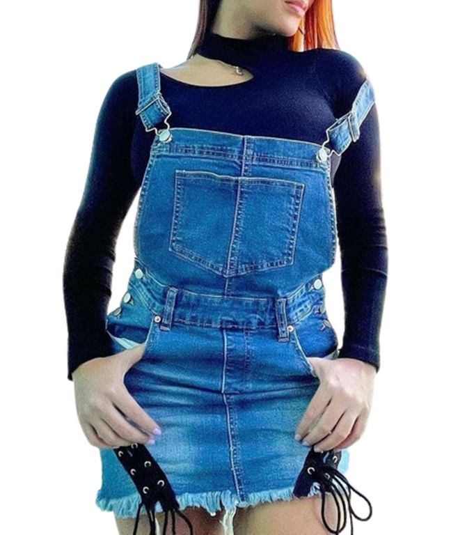 Overol en falda desflecada con bolsillos y trenza negra amcno VIA7 ...