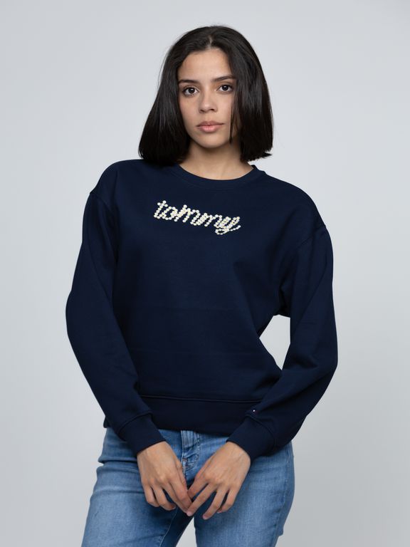 Saco azul oscuro fleece de cuello redondo con logo gráfico Tommy ...