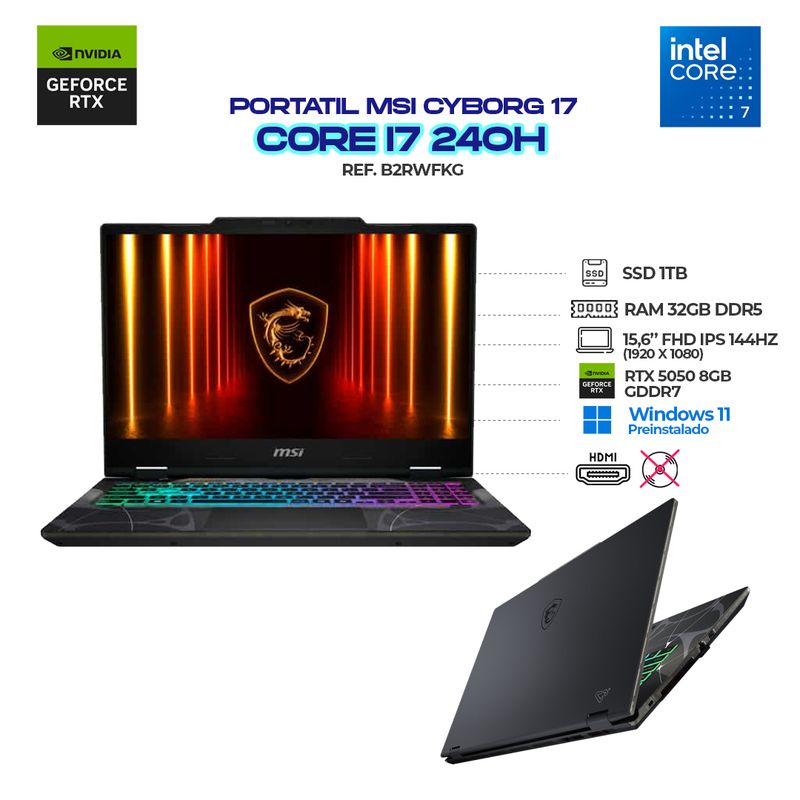 Portátil Gamer MSI CYBORG 17" 144Hz / Core i7-240H / RTX 5050 8GB / RAM ...