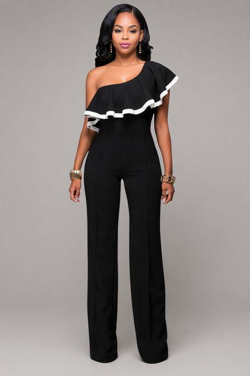 Enterizo Mujer Elegante Un Hombro Bolero Bicolor Negro Bota Amplia ...