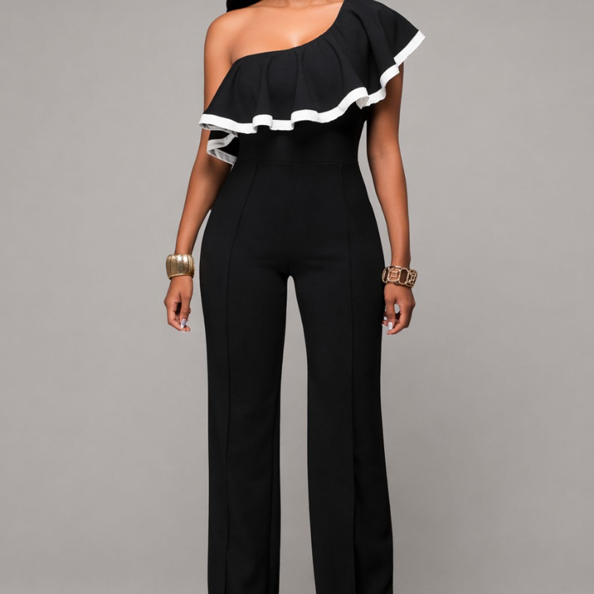 Enterizo Mujer Elegante Un Hombro Bolero Bicolor Negro Bota Amplia ...
