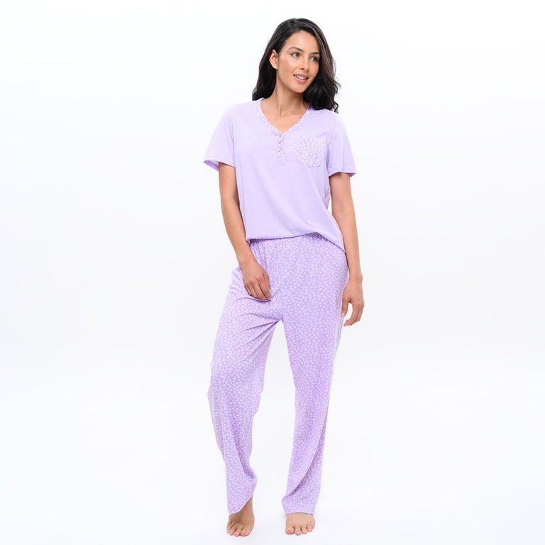 Pijama completa con pantalón Largo Manga corta con Flores para Mujer ...