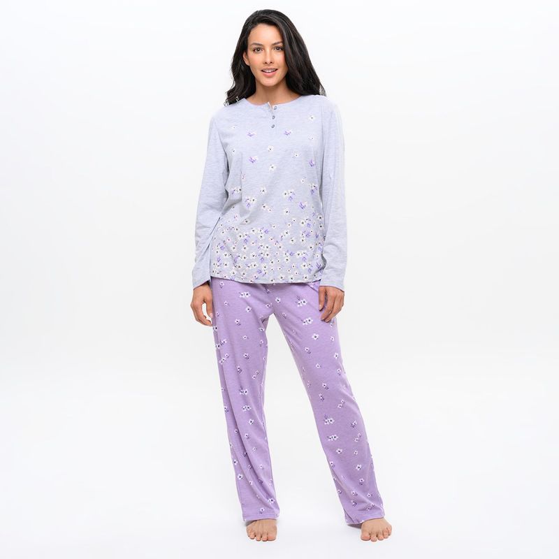 Pijama completa con pantalón Largo Manga larga con Flores para Mujer ...