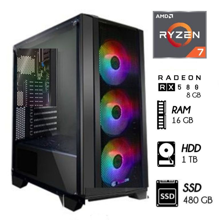 Computadora PC GAMER Ryzen 7-5700X Ram 16GB 1TB SSD 480GB RX 580 8GB ...