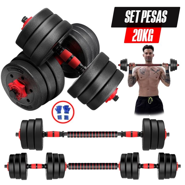 Pesas 20kg Set Convertible a Barra Importado Gym + guantes gratis ...