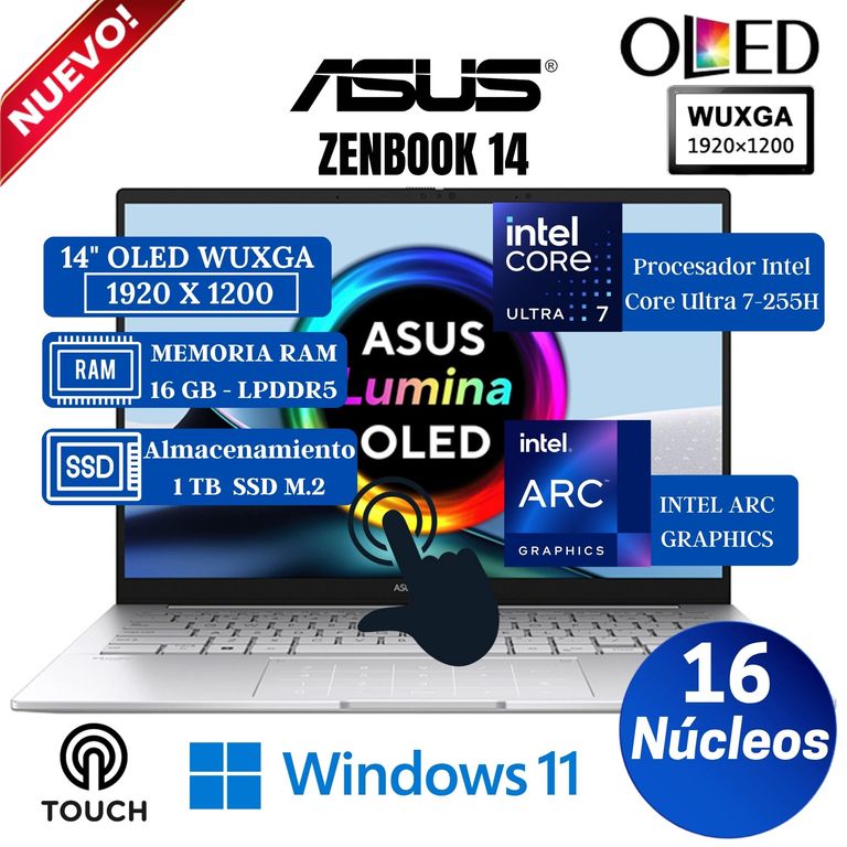 Laptop Asus Zenbook 14" OLED WUXGA Táctil, Intel Core Ultra 7-255H, Ram ...