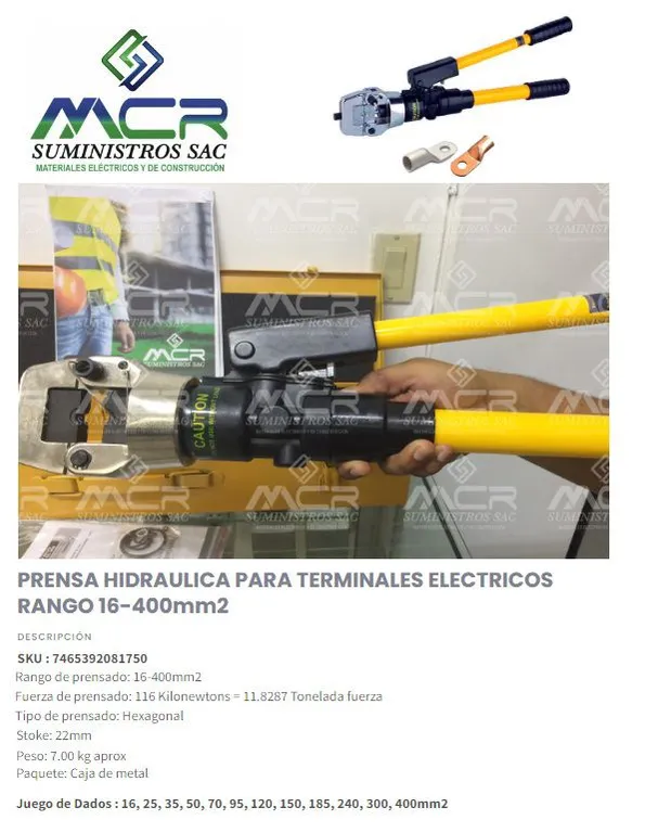 PRENSA TERMINAL HIDRAULICO PARA TERMINAL DE COMPRESION DE 16 A 400 MM2 ...