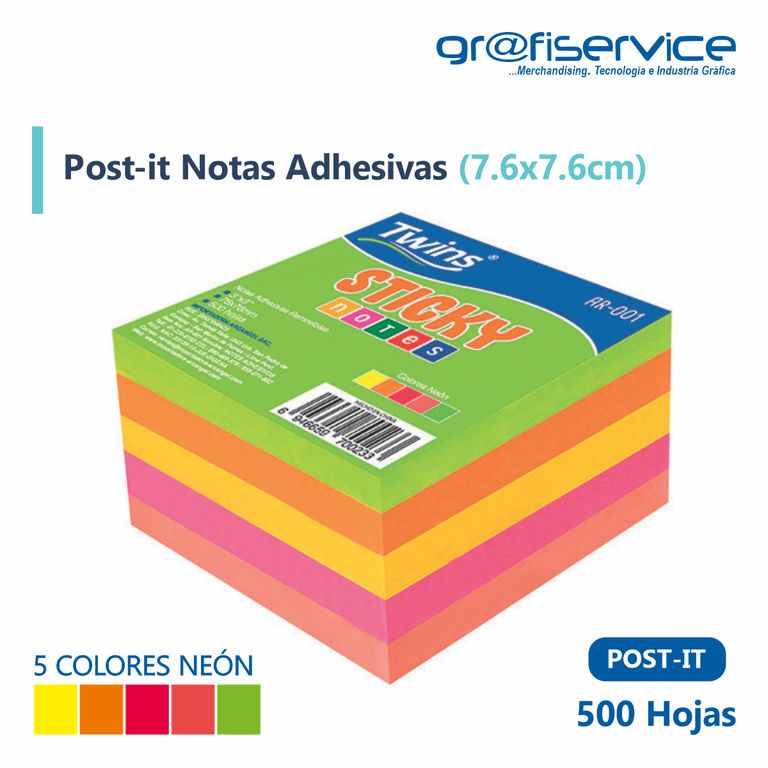 Post It Notas Adhesivas 7.6cm x 7.6cm 500 hojas (5 colores). GENERICO ...