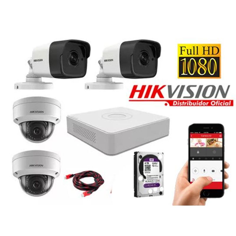 Kit 4 Cámaras Seguridad IP 2 Megapixeles con Audio ColorVu POE Disco 1TB Hikvision HIKVISION ...