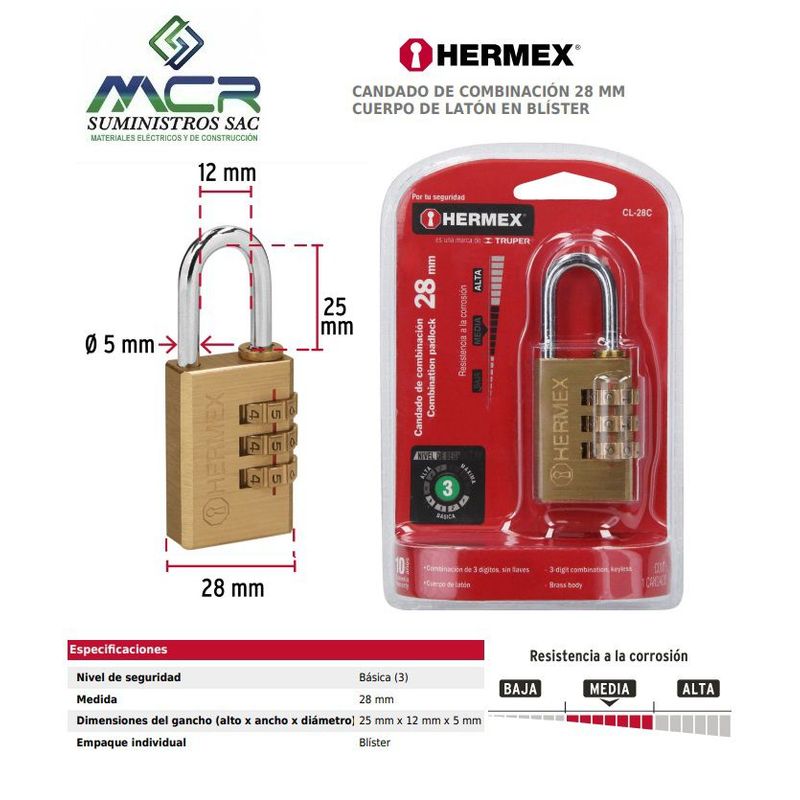 CANDADO DE COMBINACION 28mm 3 DIGITOS MALETAS Y LOCKERS HERMEX HERMEX ...