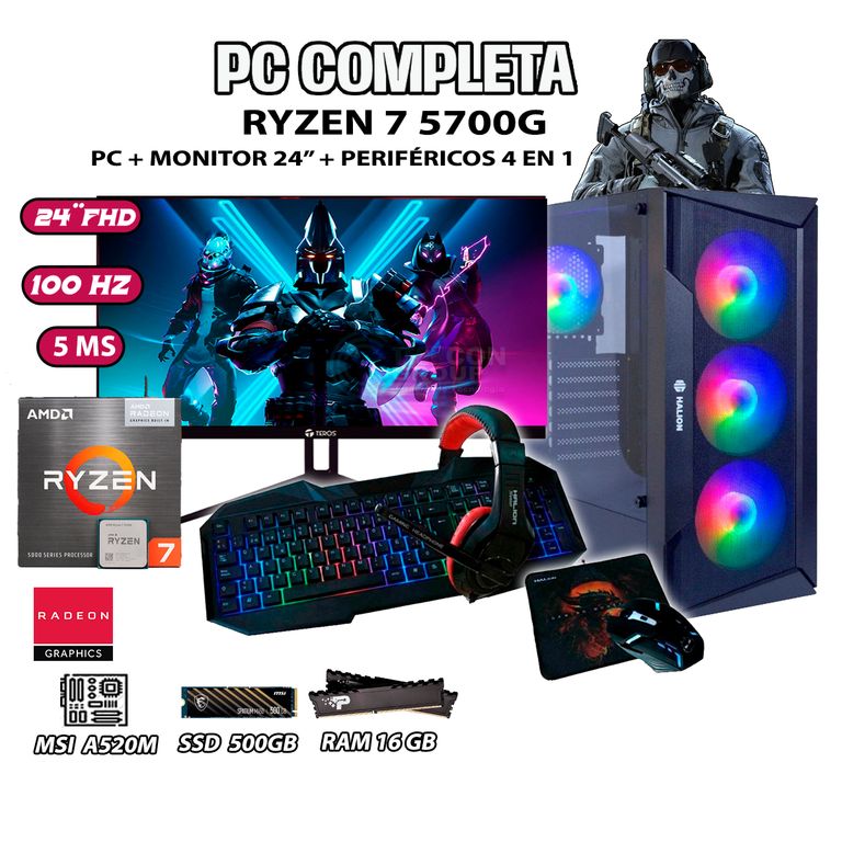 Computadora completa GAMER Ryzen 7 5700G RAM 16GB SSD 500GB MONITOR 24 ...