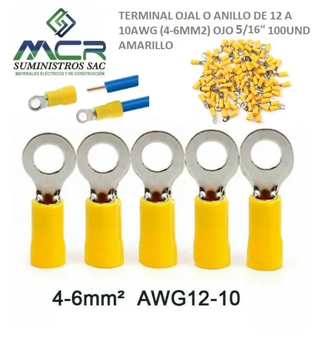 TERMINAL OJAL AMARILLO AISLADO DE 12 A 10AWG (4-6MM2) OJO 5/16" 100UND GENERICO | falabella.com