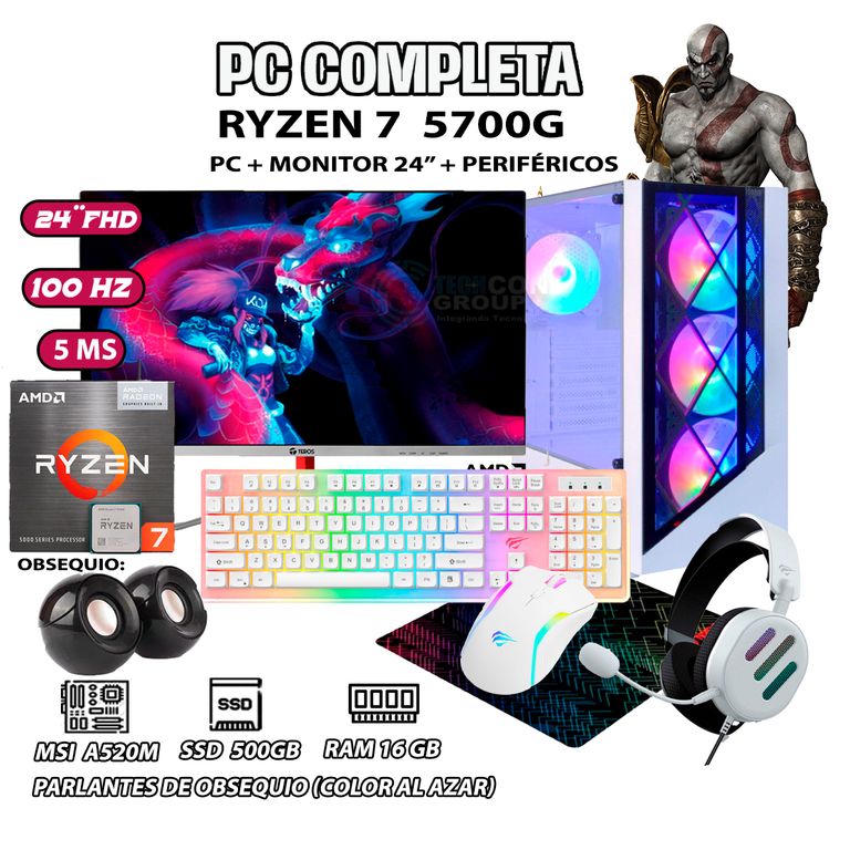 Computadora PC GAMER DRAGON Ryzen 7 5700G RAM 16GB SSD 500GB MONITOR 24 ...