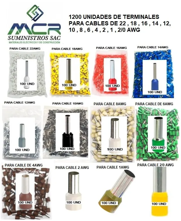 TERMINALES PARA CABLES 22 -18- 16- 14- 12- 10- 8- 6- 4- 2 -1 y 2/0 AWG ...