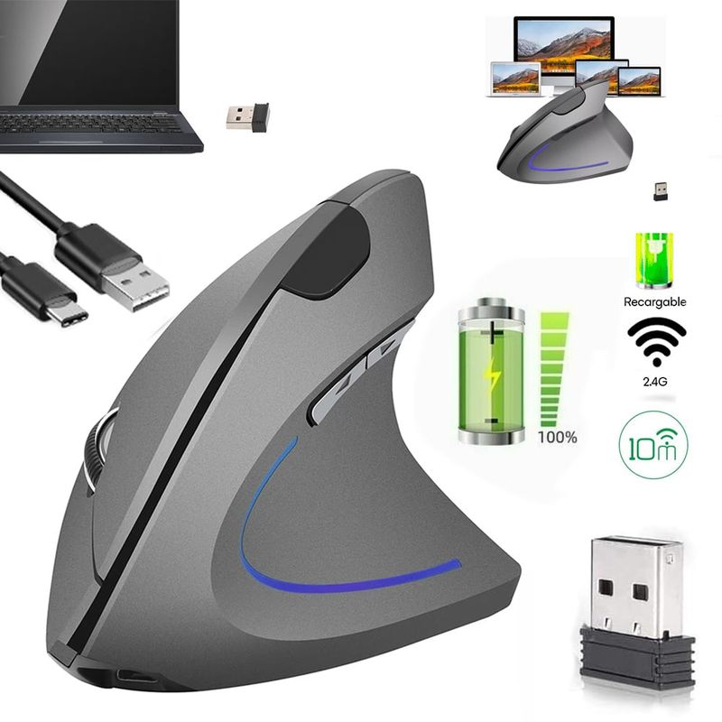 Mouse Vertical Inalambrico Ergonómico Usb recargable plata 24GHz ...