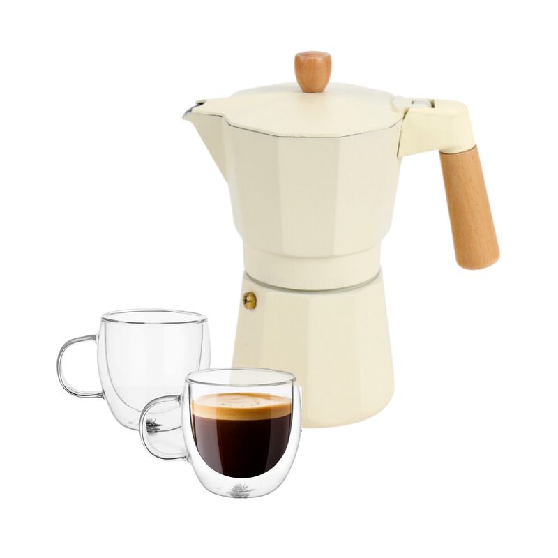 Kit de Café Barista Cafetera Italiana y Vasos de Vidrio Doble Pared ...