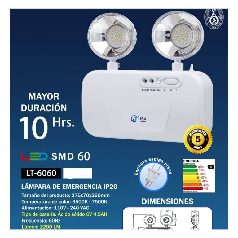 Luz de Emergencia Recargable LT-6060 10 Horas SMD 60Led GENERICO ...