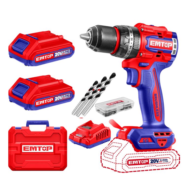 TALADRO PERCUTOR BRUSHLESS CHUCK METÁLICO 20V 66NM ECIDL20668 - EMTOP | Sodimac Falabella