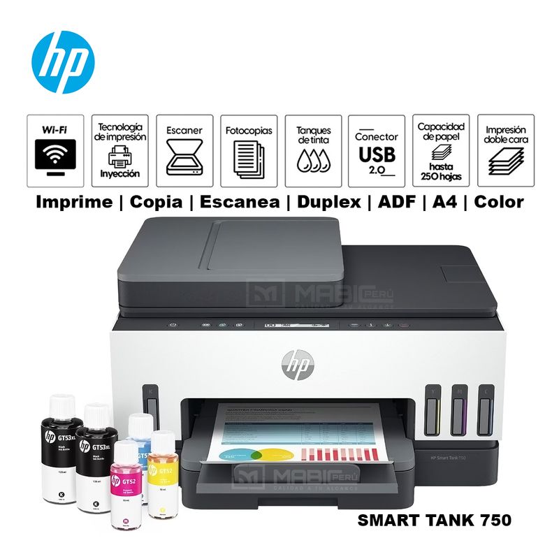 Impresora Multifuncional Hp Smart Tank 750 Duplex WiFi ADF HP ...
