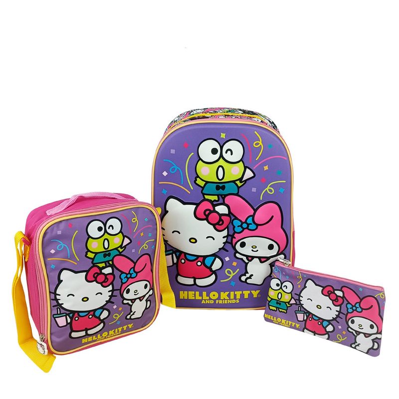SET MOCHILA HELLO KITTY Y AMIGOS ESPALDA OFICIO SCOOL 3D 3 PIEZAS SCOOL ...