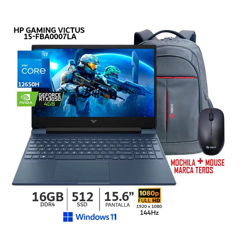 Laptop HP Victus 15-FA0007LA i7-12650H 16Gb Ram/ 512Gb SSD/ T.Video RTX 3050 4Gb/ 15.6 FHD/ Wind ...