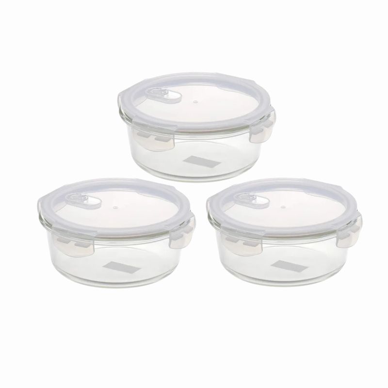 Set de 3 Contenedores Redondos de Vidrio con Tapa Hermética - 390 ml c ...