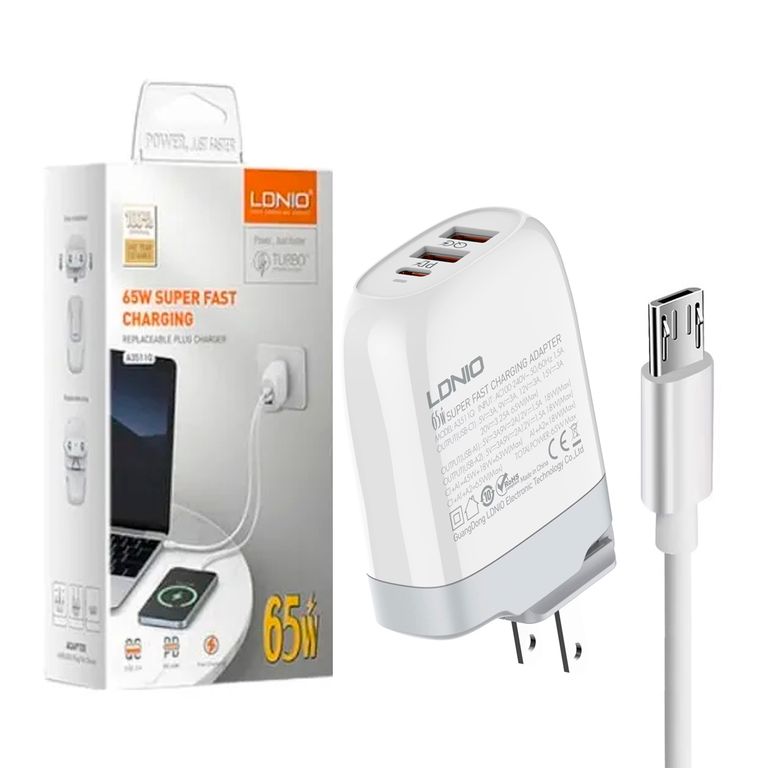 Cargador Ldnio 65W A3511Q GAN 3 Puertos Super Rapido Cable Micro V8 ...