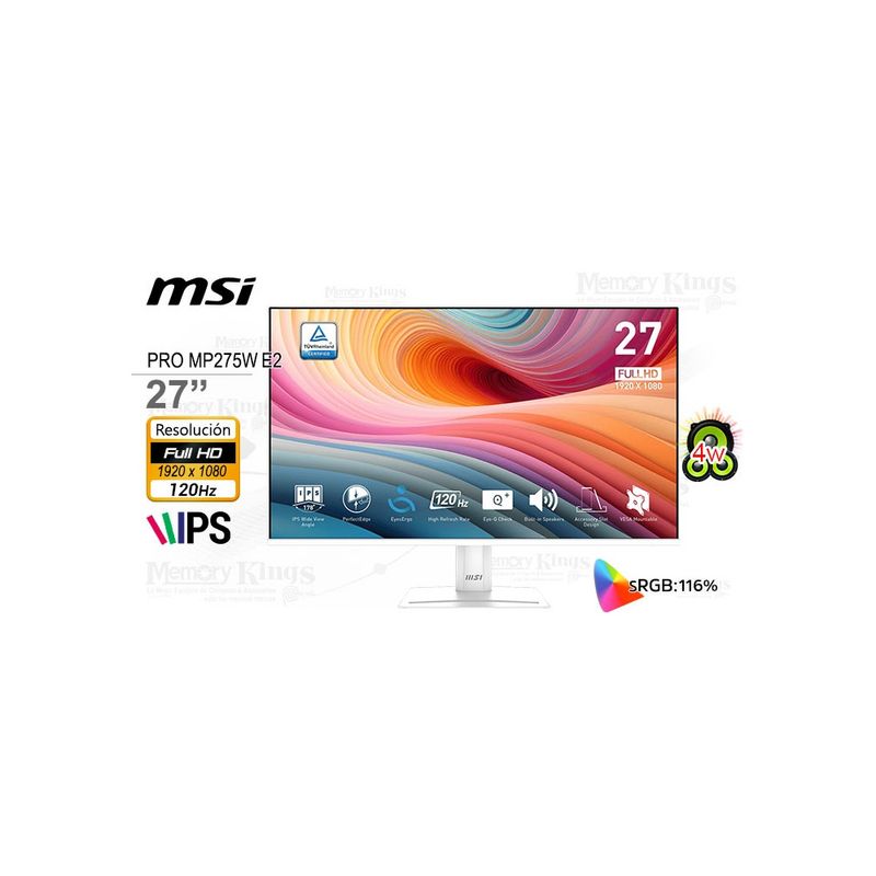 Monitor Msi Pro Mp275W E2 De 27'' Fhd, 120Hz, 1Ms, Ips, Color Blanco - Ideal Para Gaming Y MSI ...