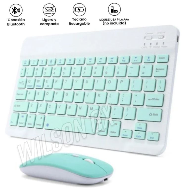 Kit Teclado Y Mouse Bluetooth Recargable Pc Tablet iPad Turquesa ...