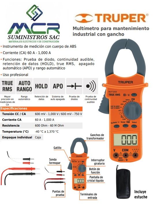 MULTIMETRO PROFESIONAL CON GANCHO 750V MUT-202 TRUPER | Sodimac Perú