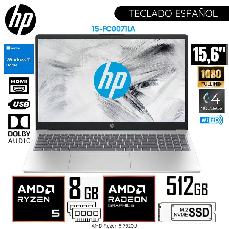 Laptop HP 15-FC0071LA AMD Ryzen 5 7520U 8GB DDR5 RAM 512GB SSD 15.6 ...