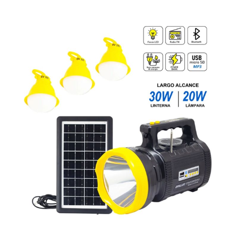 Kit Solar Portátil Linterna Lámpara 3 Focos Panel Solar BT USB MP3 FM ...